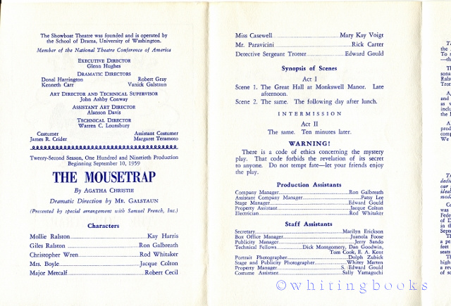 Showboat Theatre Program, 1959, Seattle, for Agatha Christie's, "The ...